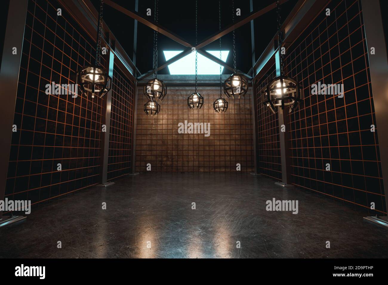 3d rendering of abstract industrial hall with rusty mesh and hanging ...
