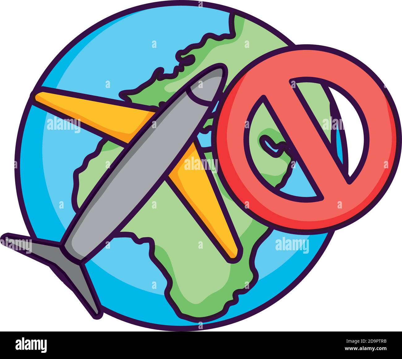 stop travel symbol, forbidden sign with planet and airplane over white ...