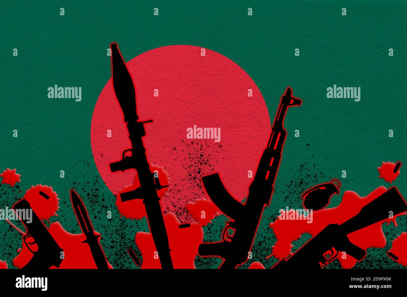 Bangladesh flag and various weapons in red blood. Concept for terror ...