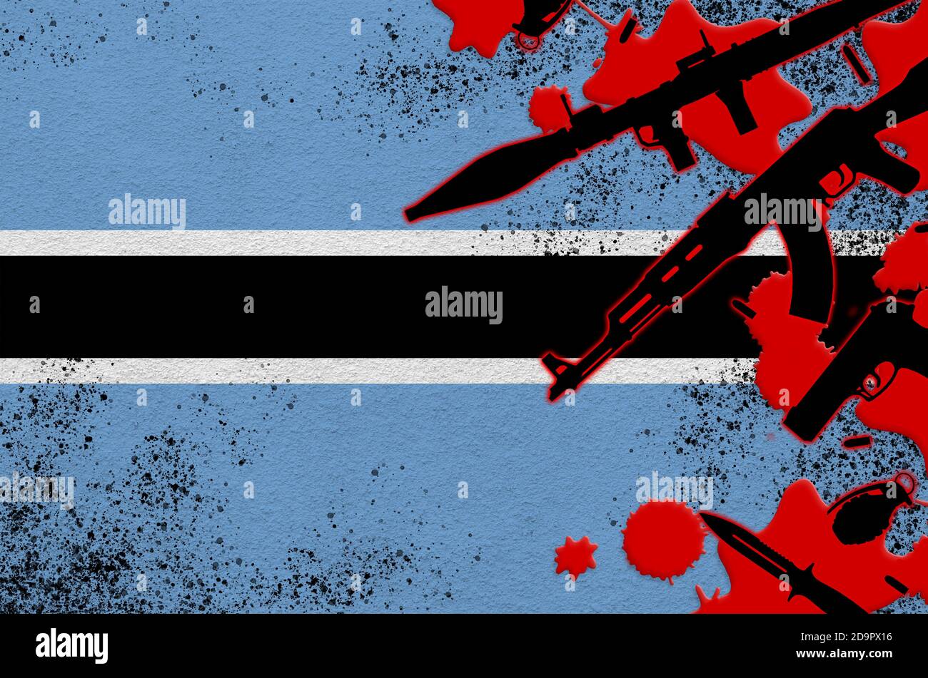 Botswana flag and various weapons in red blood. Concept for terror ...