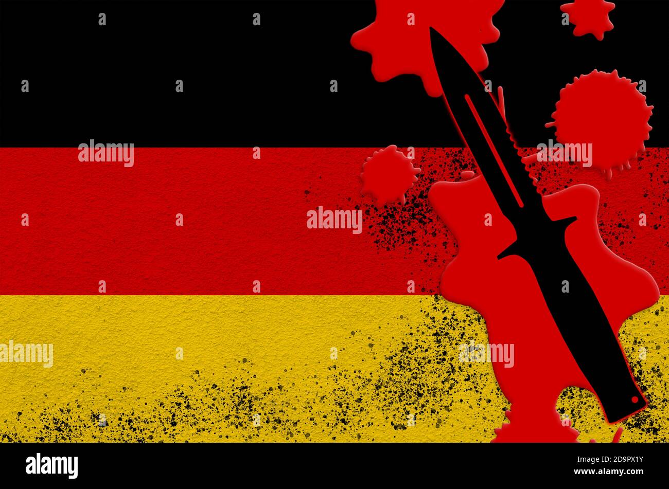 Germany flag and black tactical knife in red blood. Concept for terror ...