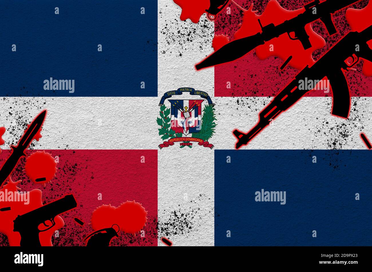 Dominican Republic flag and various weapons in red blood. Concept for ...
