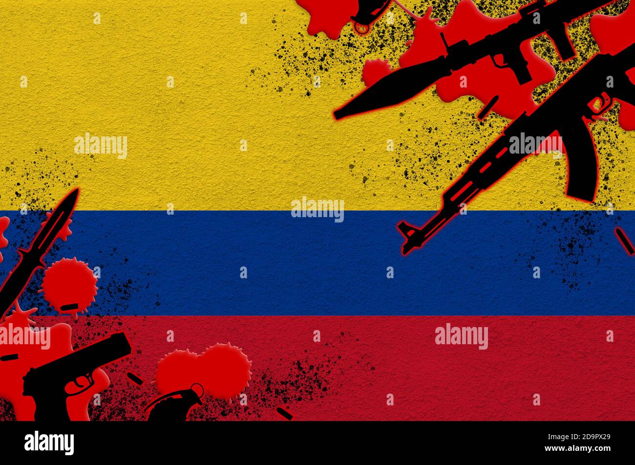 Colombia flag and various weapons in red blood. Concept for terror ...