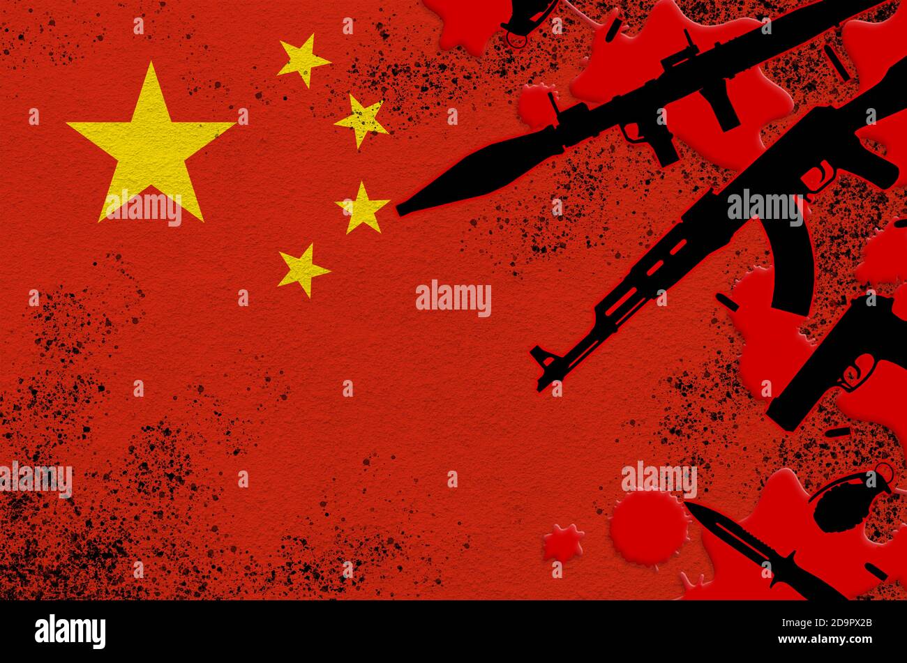 China flag and various weapons in red blood. Concept for terror attack ...