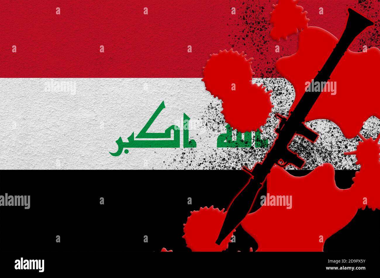 Iraq flag and black RPG-7 rocket-propelled grenade launcher in red ...