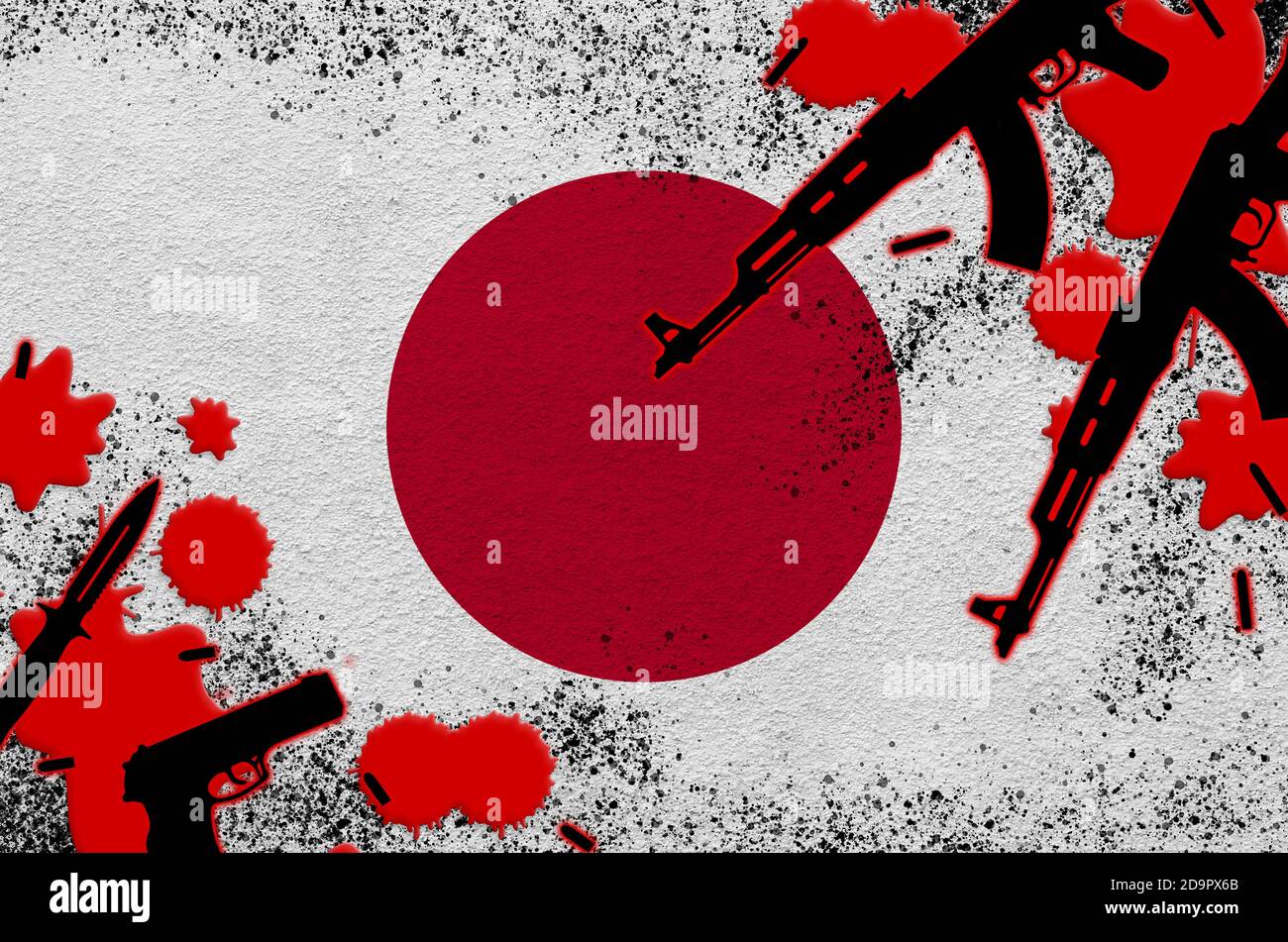Japan flag and guns in red blood. Concept for terror attack and ...
