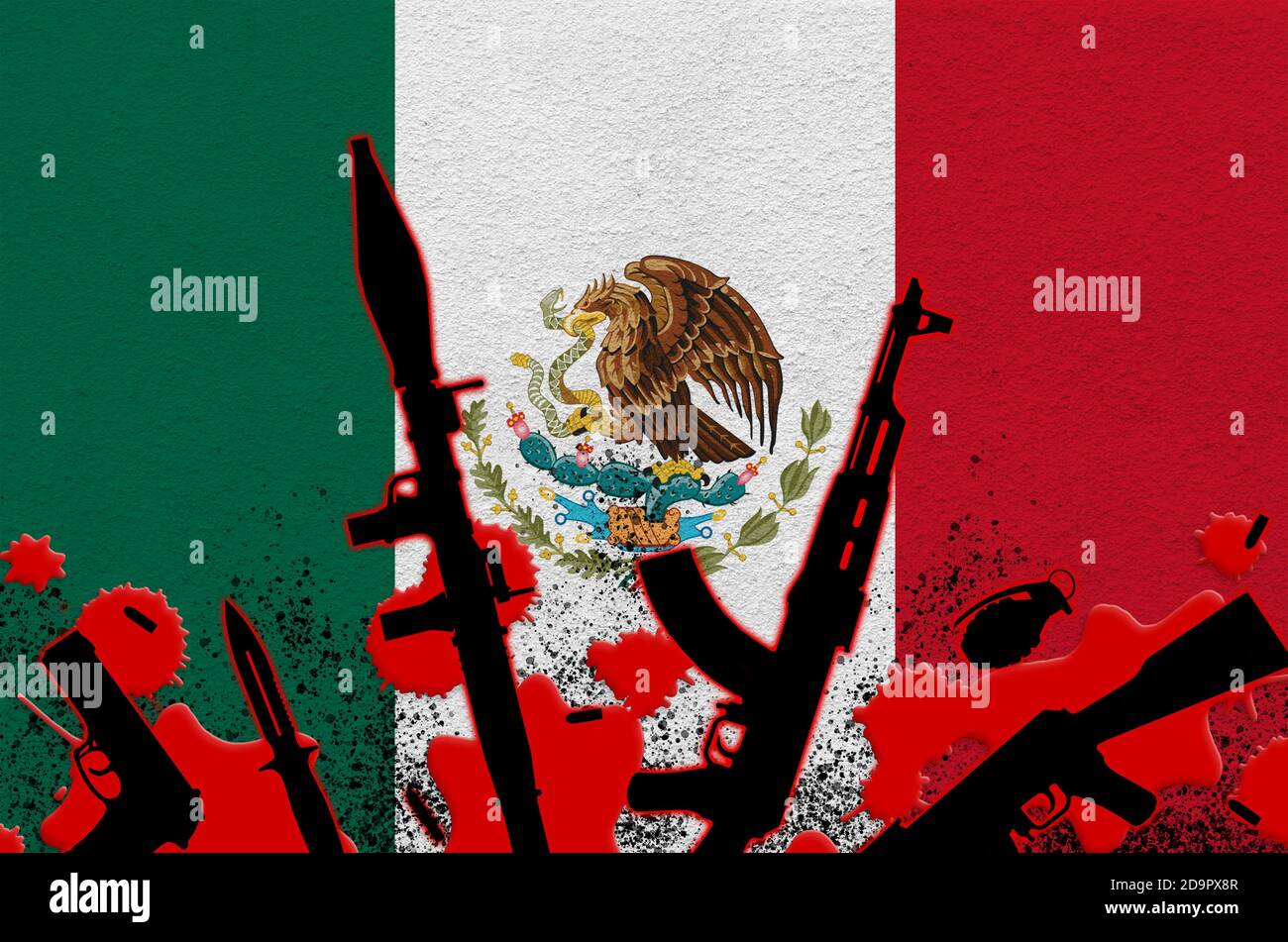 Mexico flag and various weapons in red blood. Concept for terror attack ...