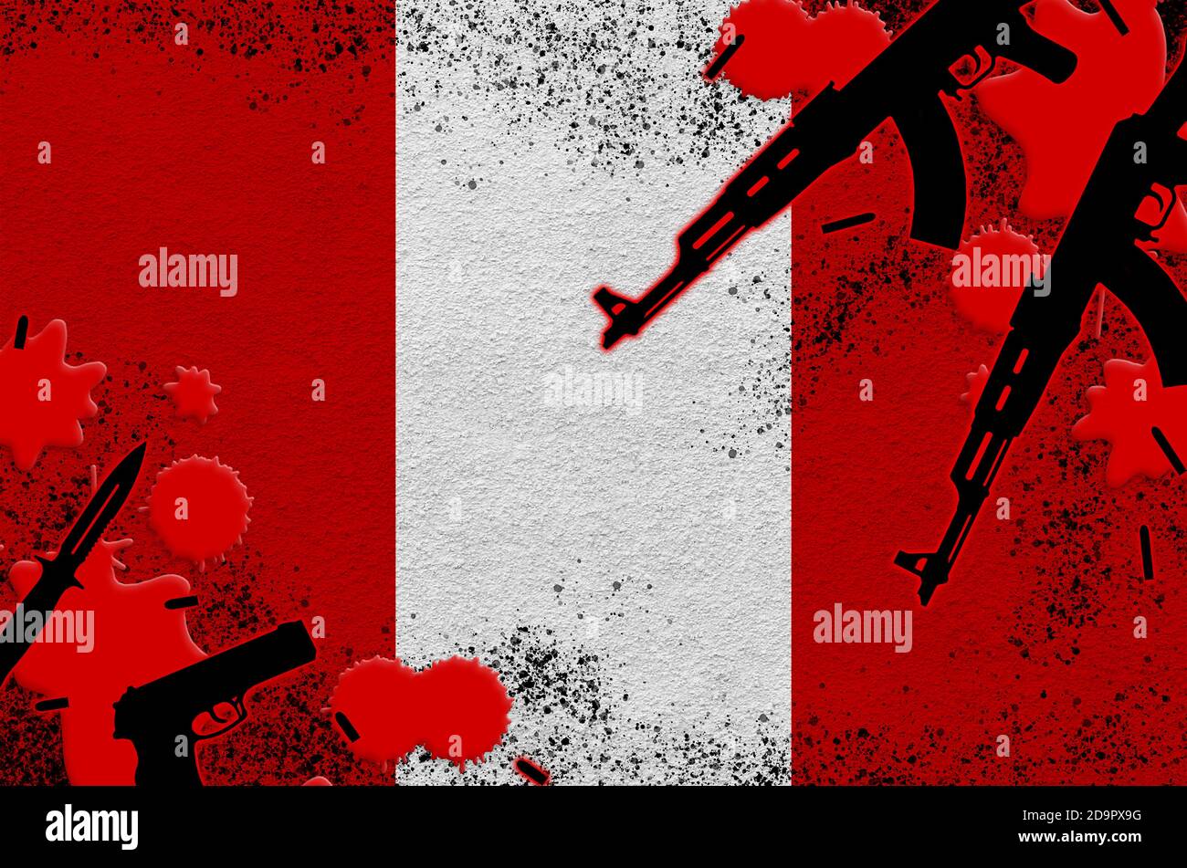Peru flag and guns in red blood. Concept for terror attack and military ...