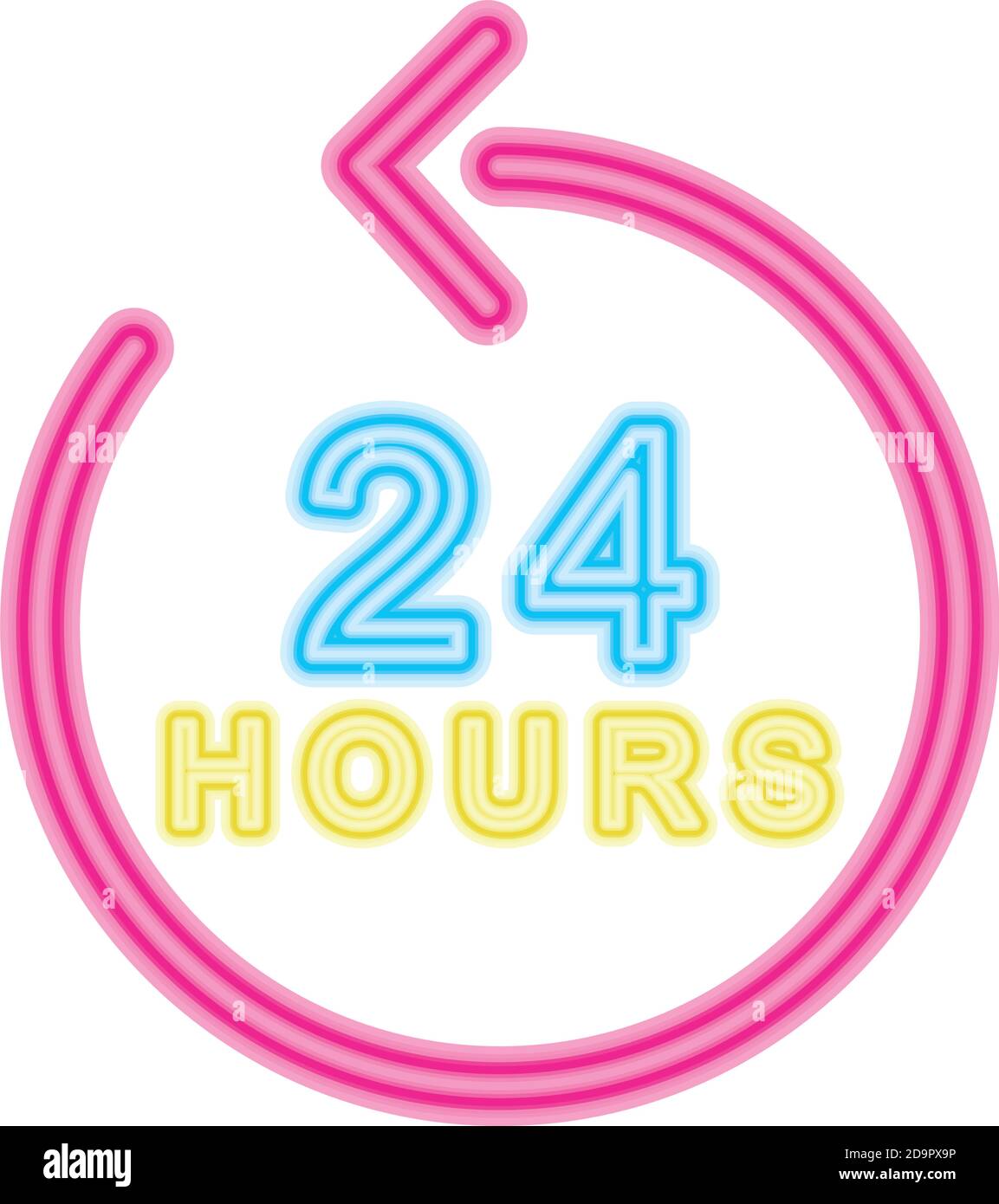 24 hours and arrow neon sign icon over white background, vector ...