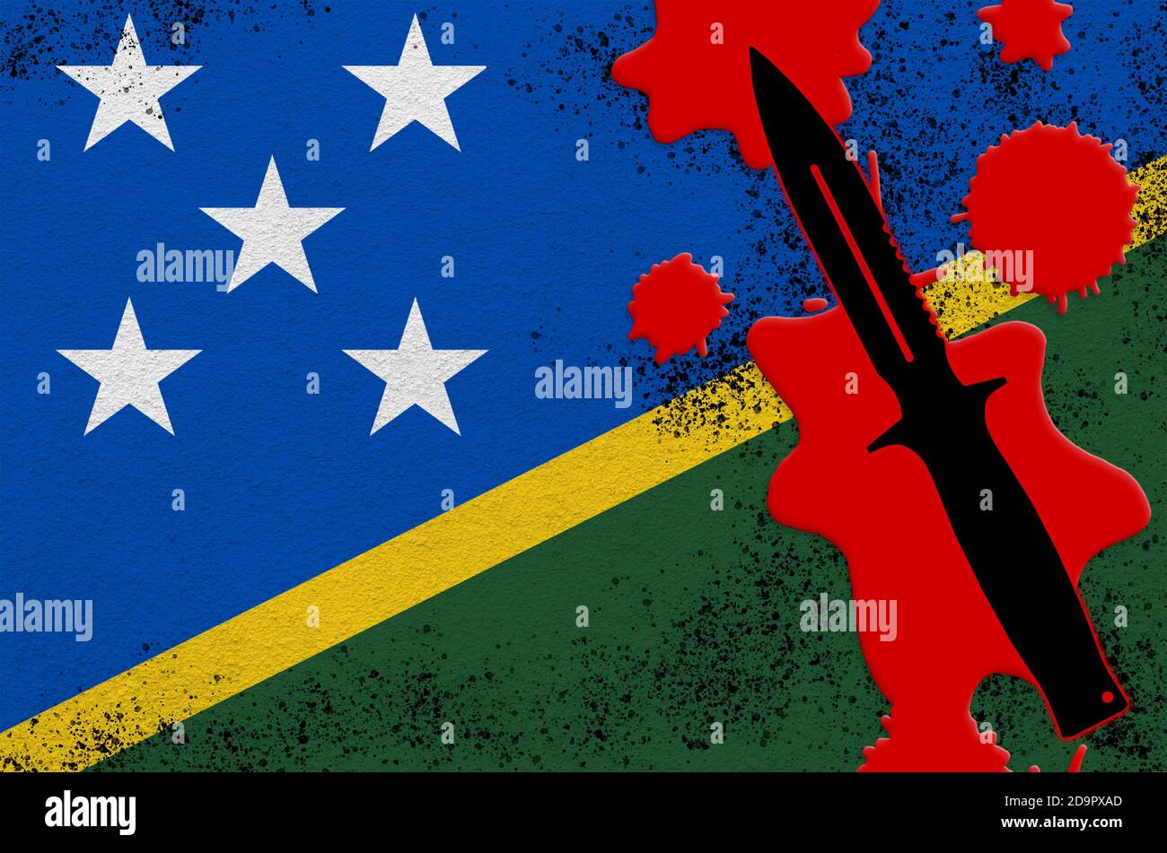 Solomon Islands flag and black tactical knife in red blood. Concept for ...