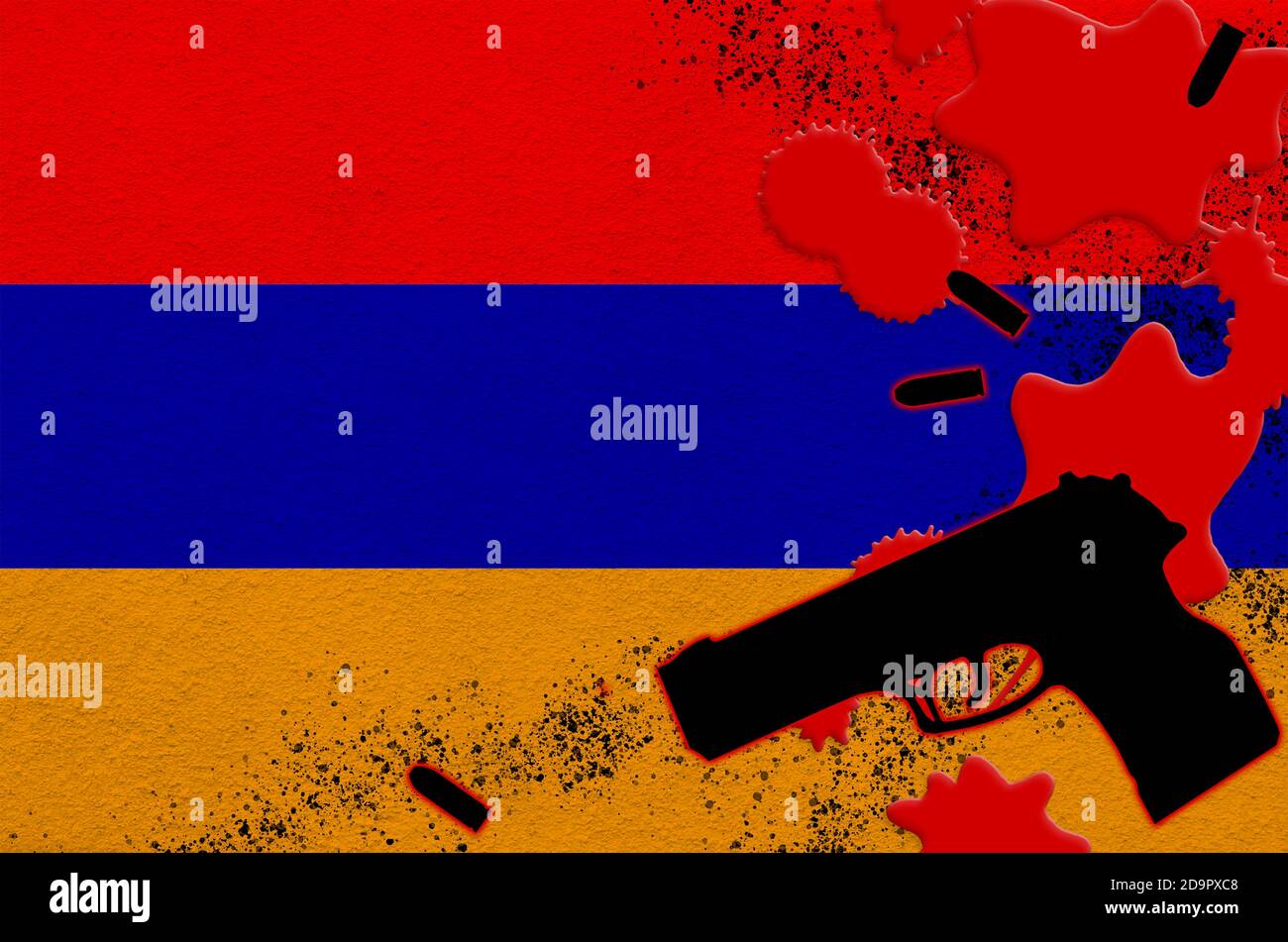 Armenia flag and black firearm in red blood. Concept for terror attack ...