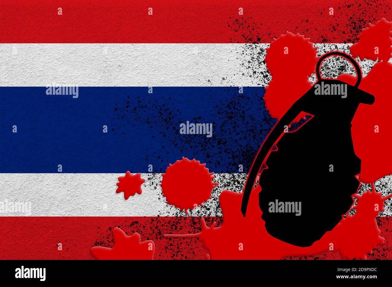 Thailand flag and MK2 frag grenade in red blood. Concept for terror ...