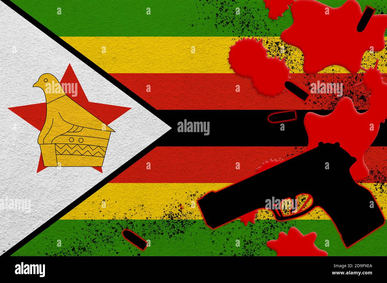 Zimbabwe flag and black firearm in red blood. Concept for terror attack ...