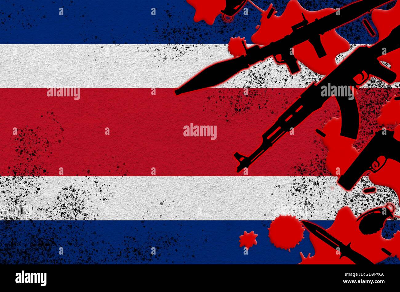 Costa Rica flag and various weapons in red blood. Concept for terror ...