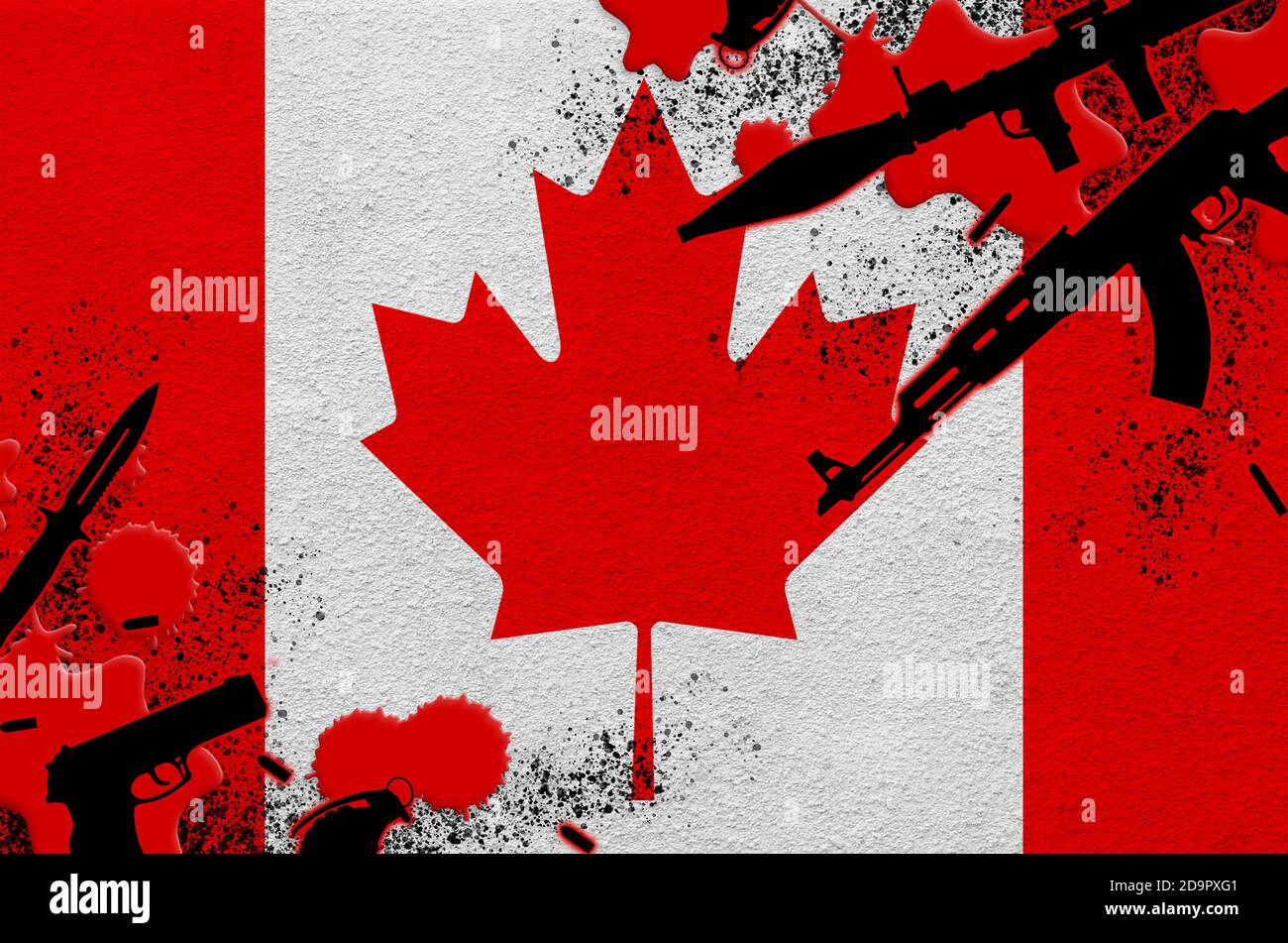 Canada flag and various weapons in red blood. Concept for terror attack ...