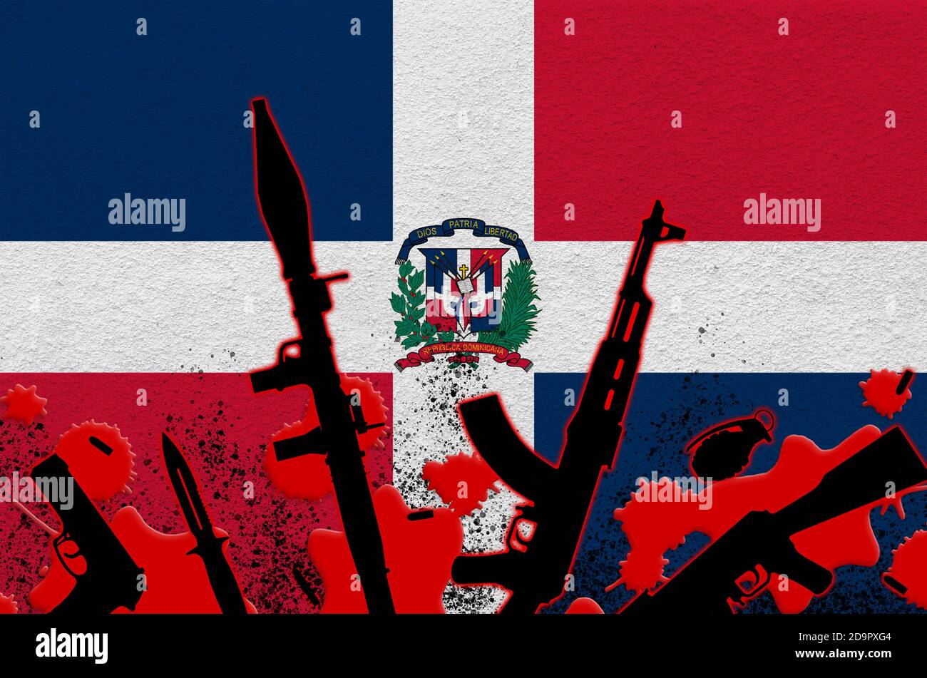 Dominican Republic flag and various weapons in red blood. Concept for ...