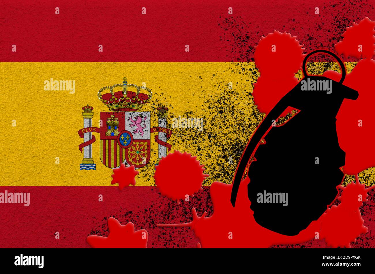 Spain flag and MK2 frag grenade in red blood. Concept for terror attack ...
