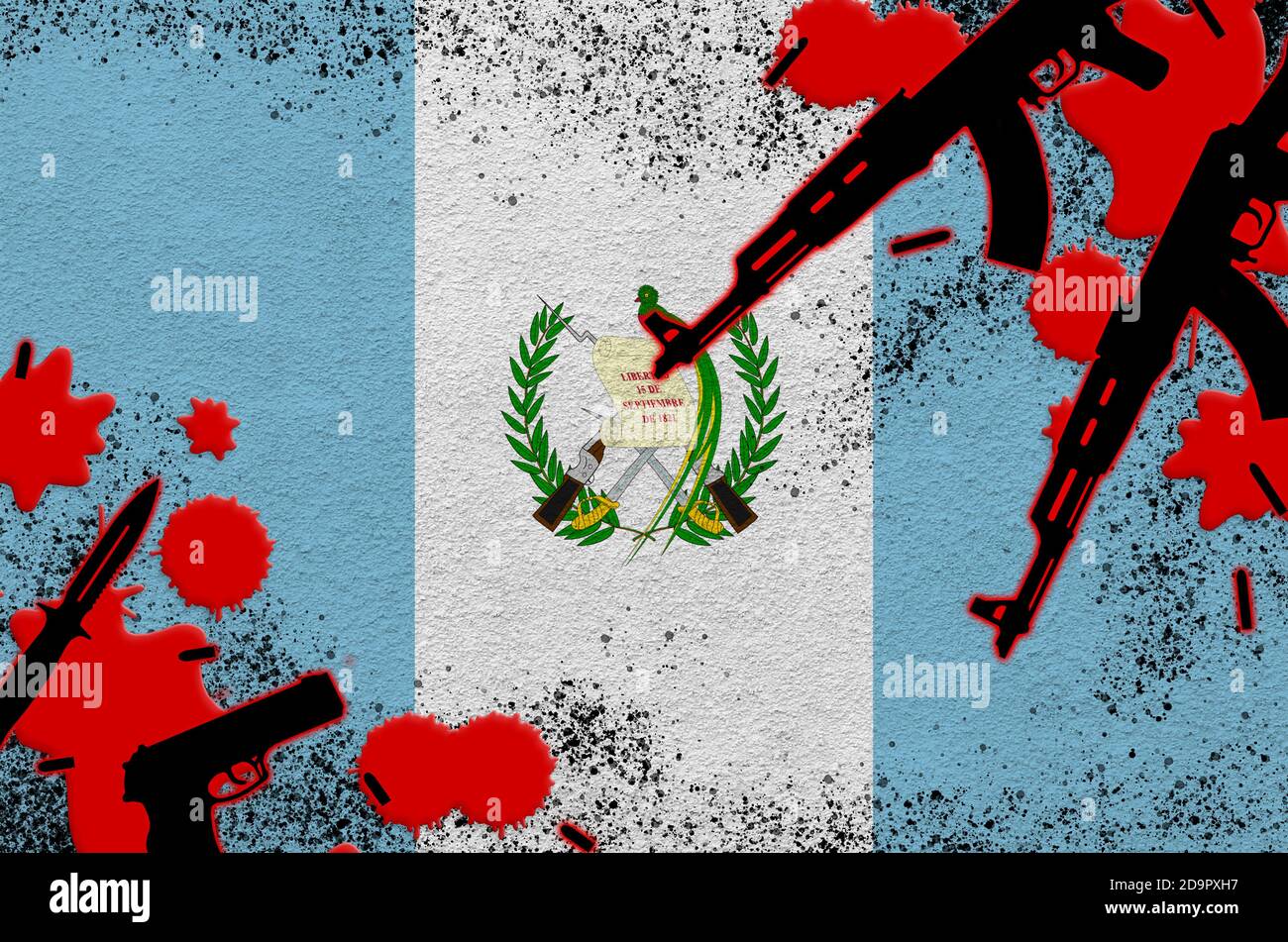 Guatemala flag and guns in red blood. Concept for terror attack and ...