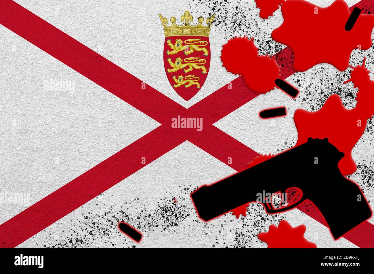 Jersey flag and black firearm in red blood. Concept for terror attack ...