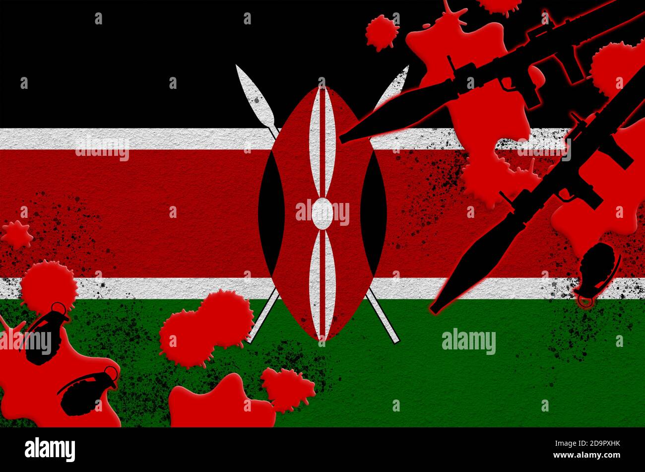 Kenya flag and rocket launchers with grenades in blood. Concept for ...