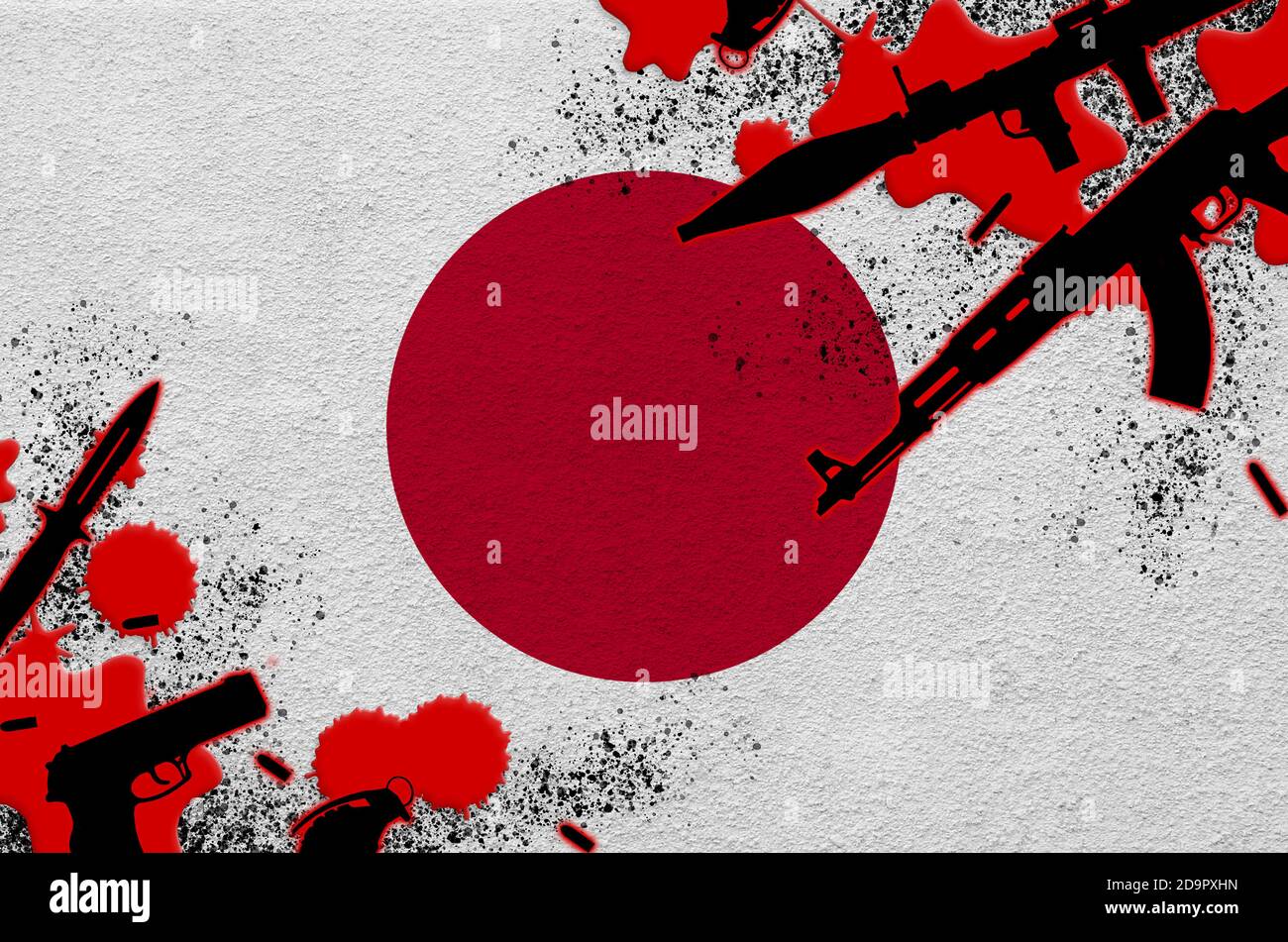Japan flag and various weapons in red blood. Concept for terror attack ...