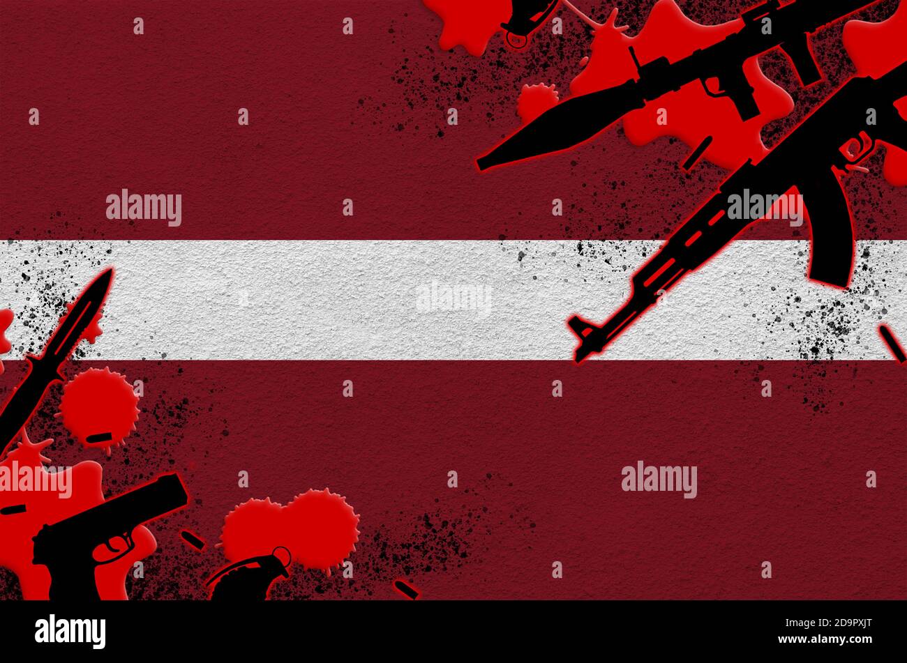 Latvia flag and various weapons in red blood. Concept for terror attack ...