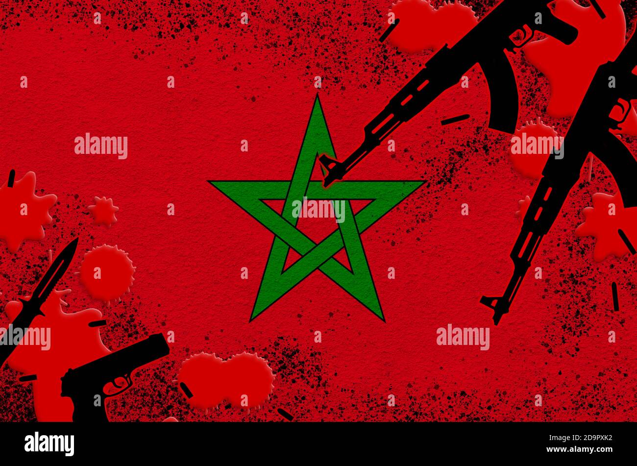 Morocco flag and guns in red blood. Concept for terror attack and ...