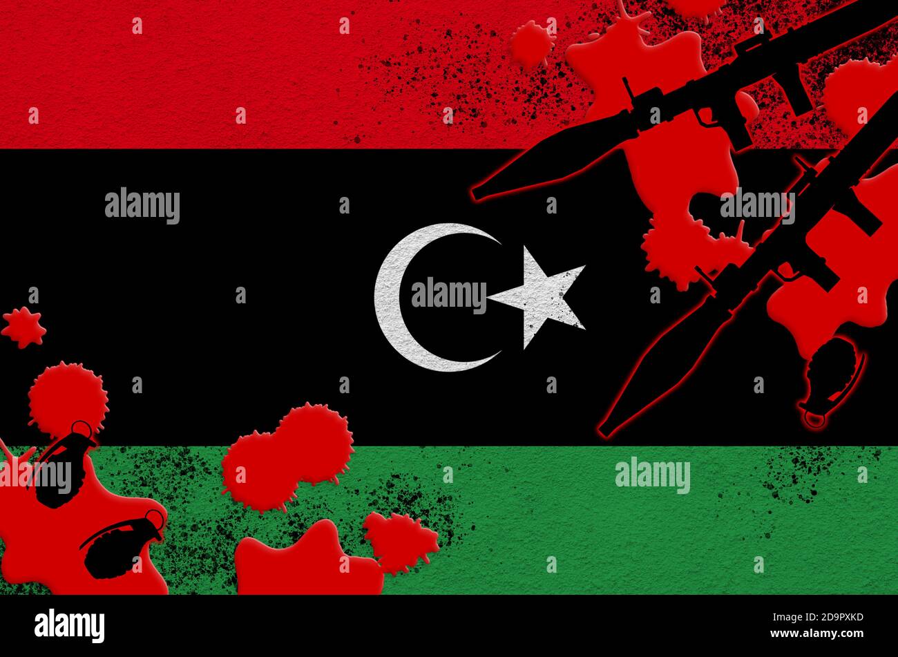 Libya flag and rocket launchers with grenades in blood. Concept for ...