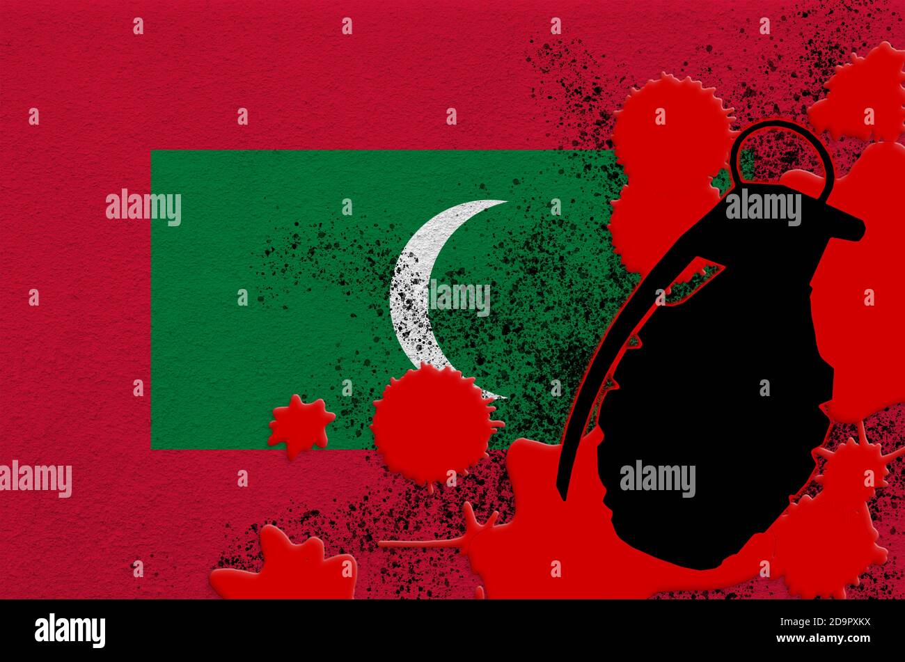 Maldives flag and MK2 frag grenade in red blood. Concept for terror ...
