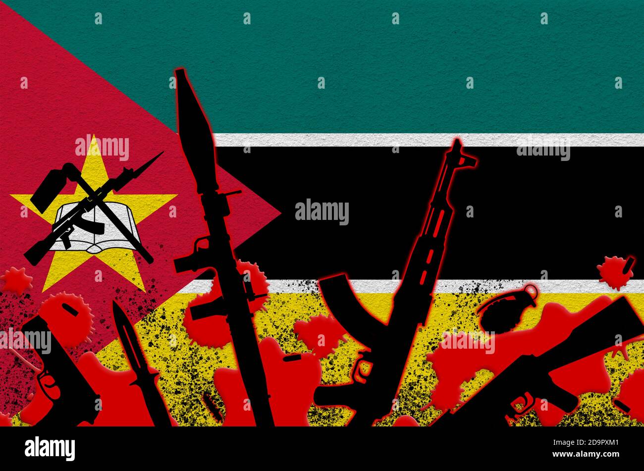 Mozambique flag and various weapons in red blood. Concept for terror ...