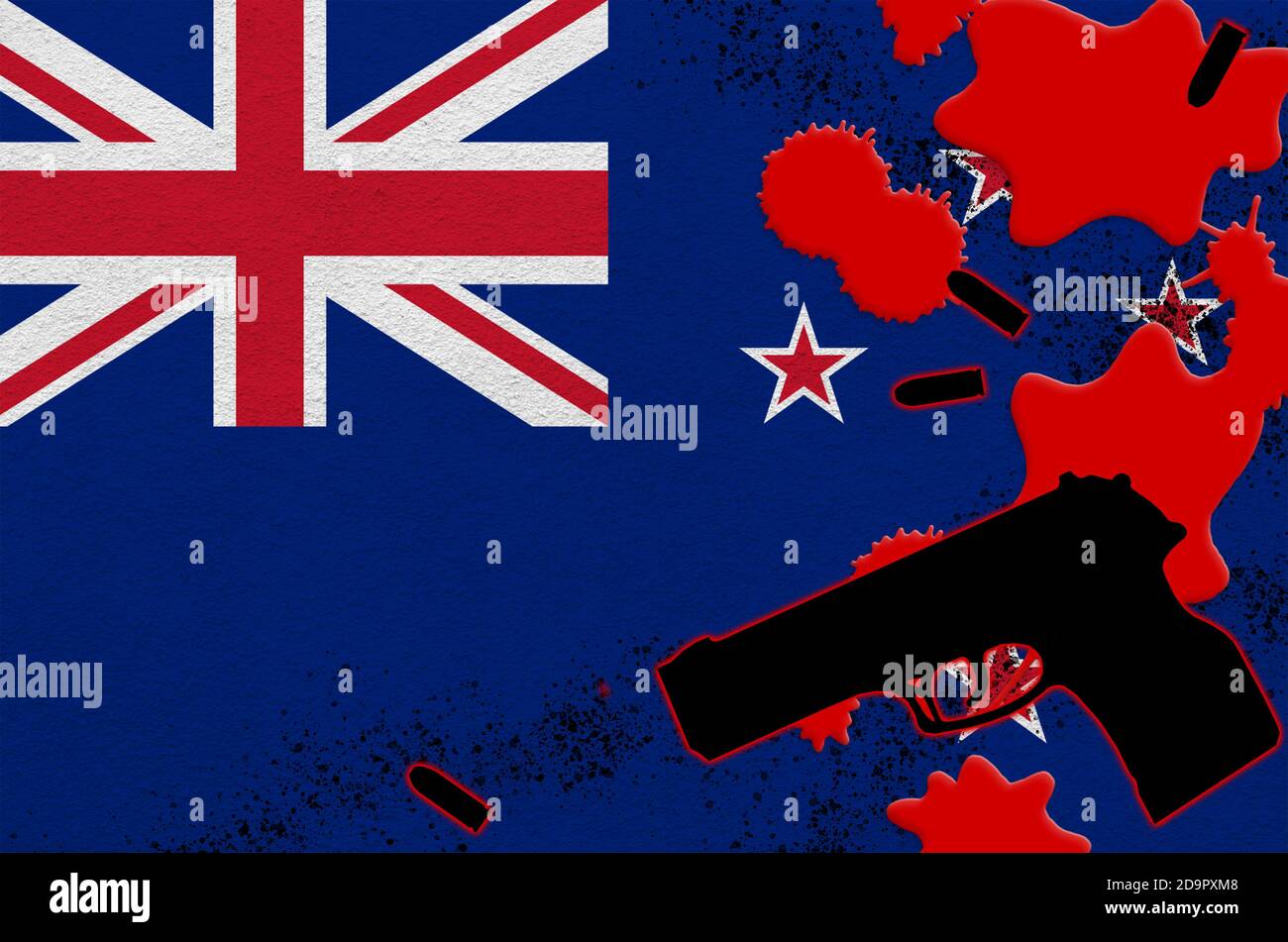 New Zealand flag and black firearm in red blood. Concept for terror ...