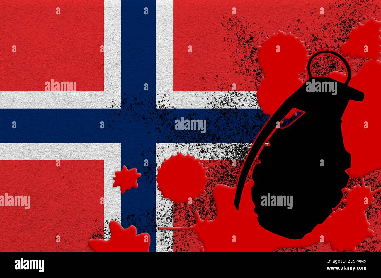 Norway flag and MK2 frag grenade in red blood. Concept for terror ...