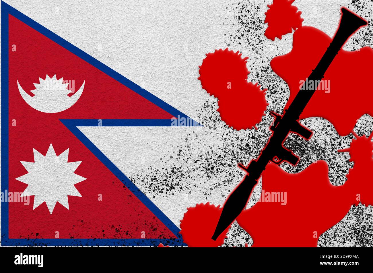 Nepal flag and black RPG-7 rocket-propelled grenade launcher in red blood. Concept for terror ...