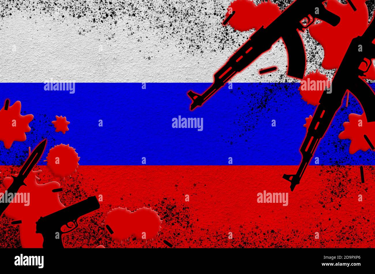 Russia flag and guns in red blood. Concept for terror attack and ...