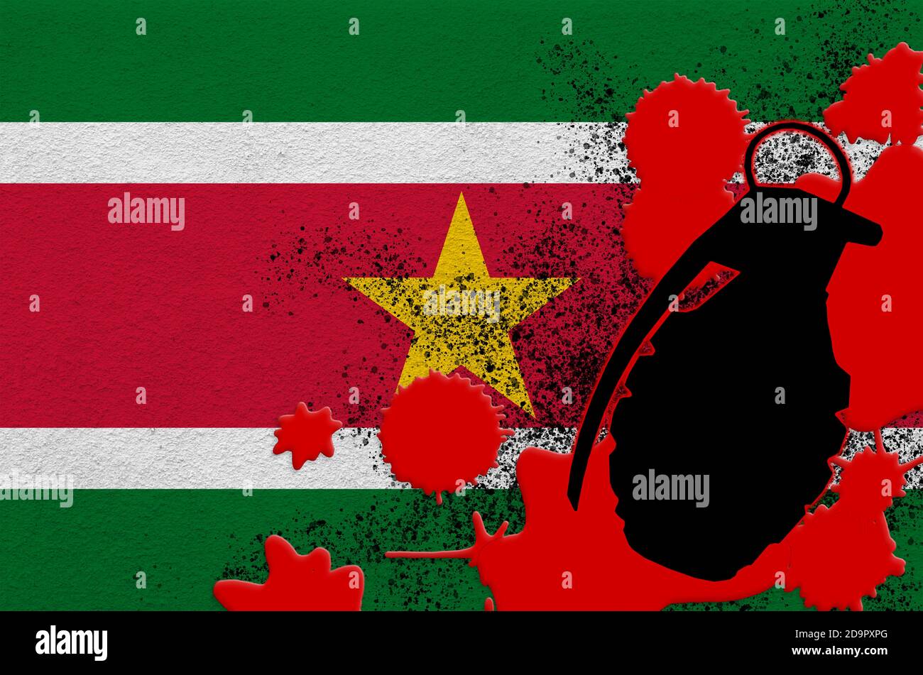 Suriname flag and MK2 frag grenade in red blood. Concept for terror ...
