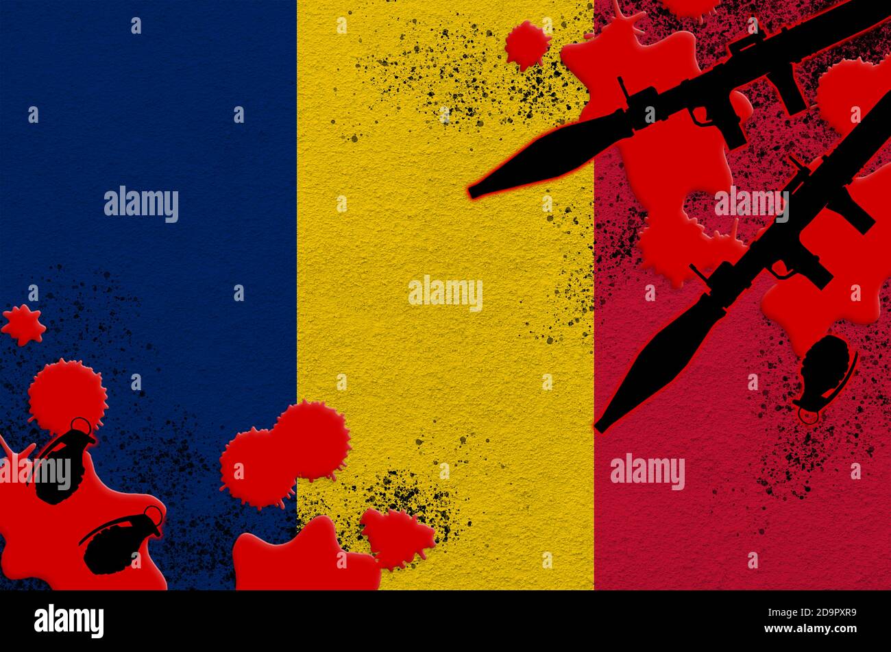 Chad flag and rocket launchers with grenades in blood. Concept for ...