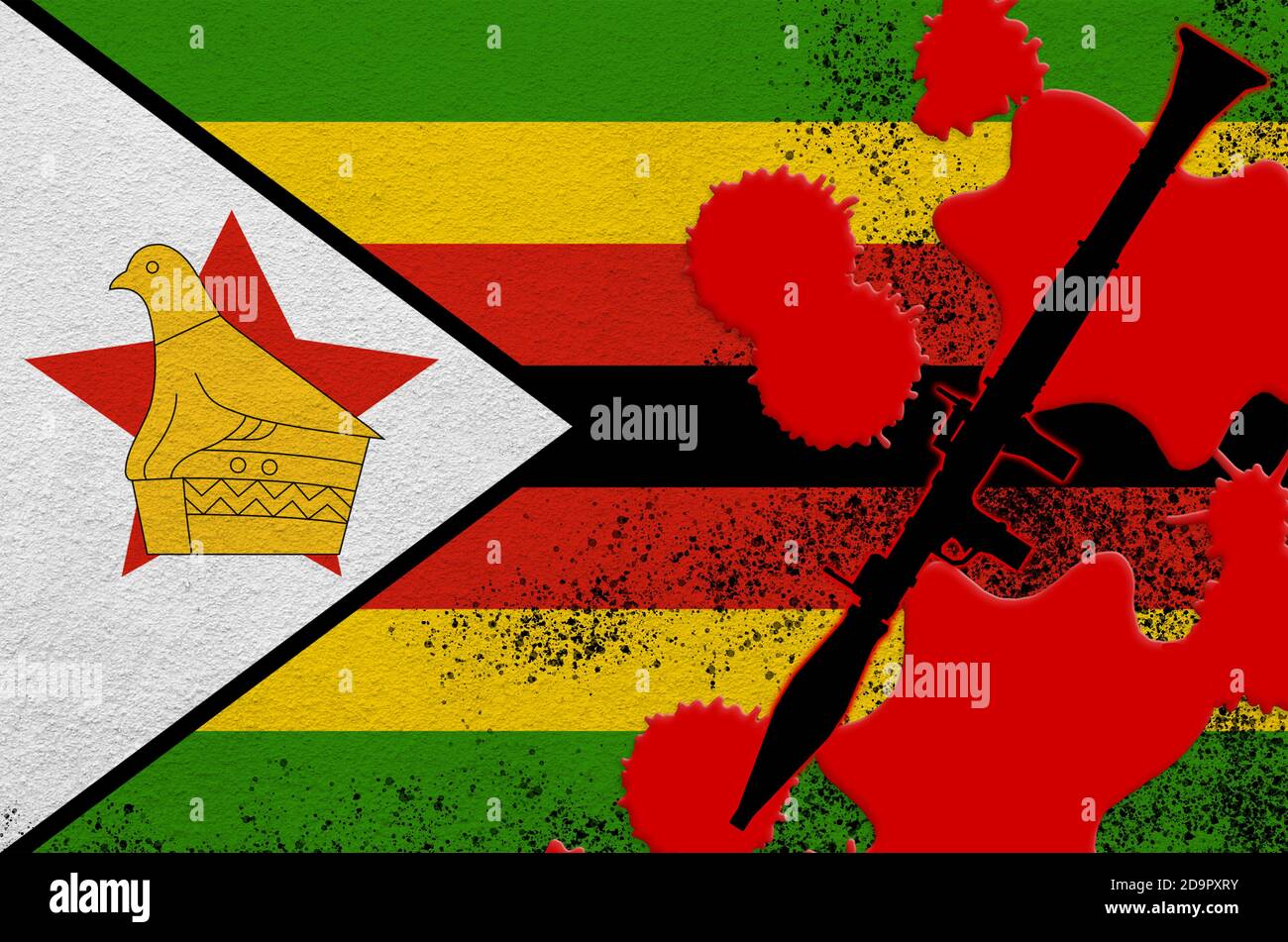 Zimbabwe flag and black RPG-7 rocket-propelled grenade launcher in red ...