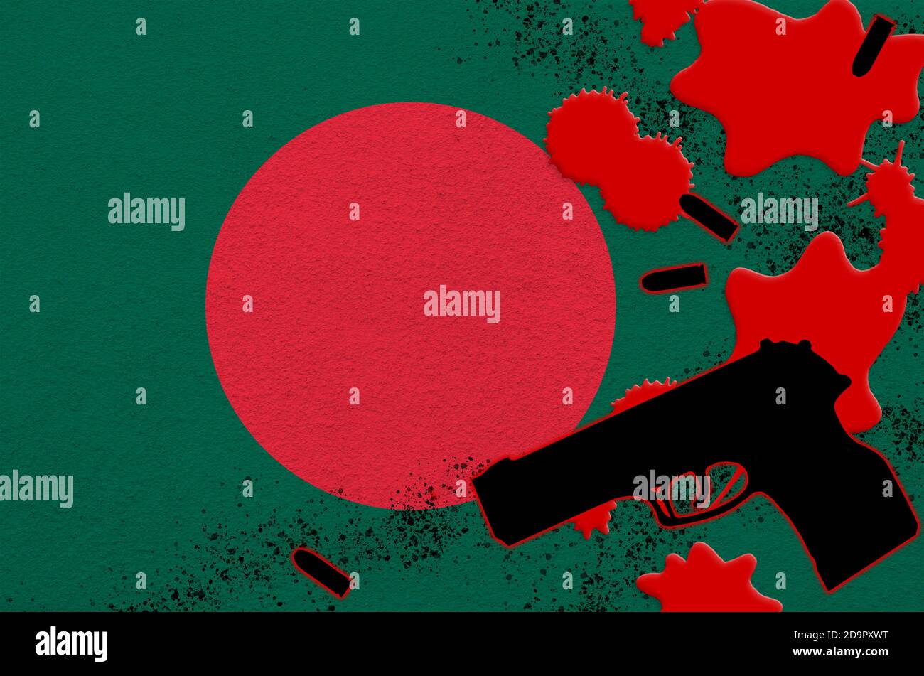 Bangladesh flag and black firearm in red blood. Concept for terror ...