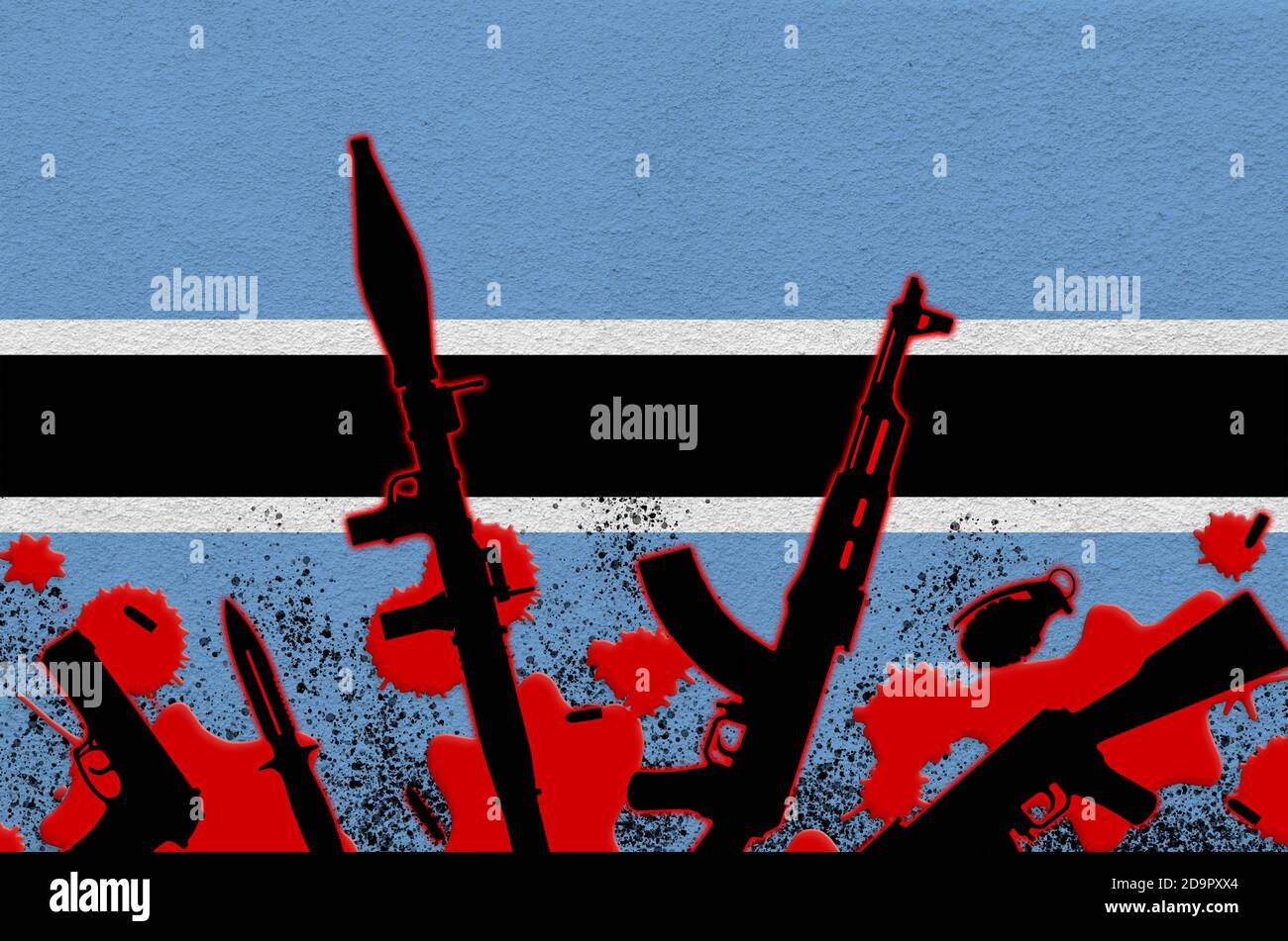 Botswana flag and various weapons in red blood. Concept for terror ...