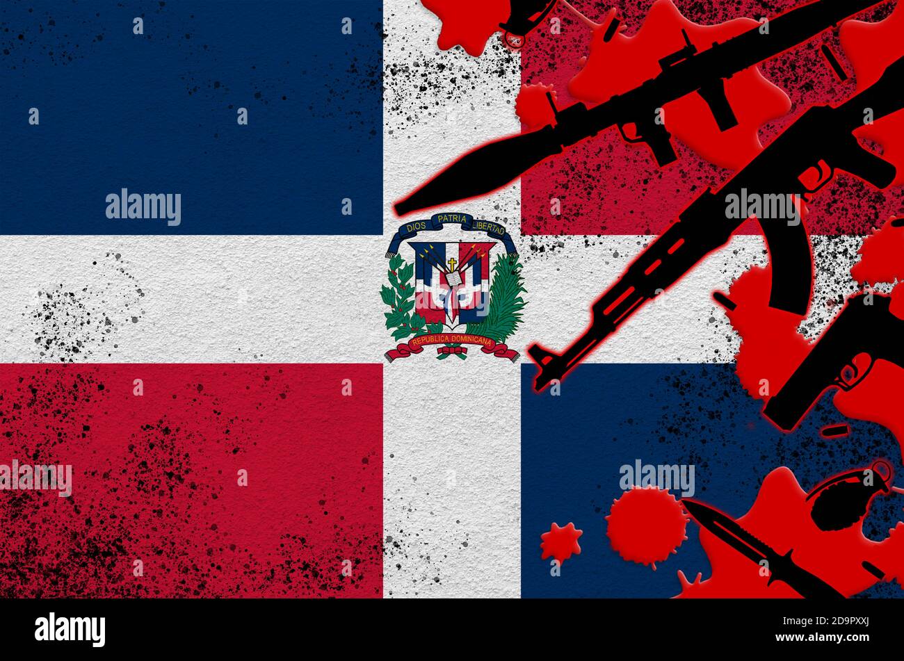 Dominican Republic flag and various weapons in red blood. Concept for ...