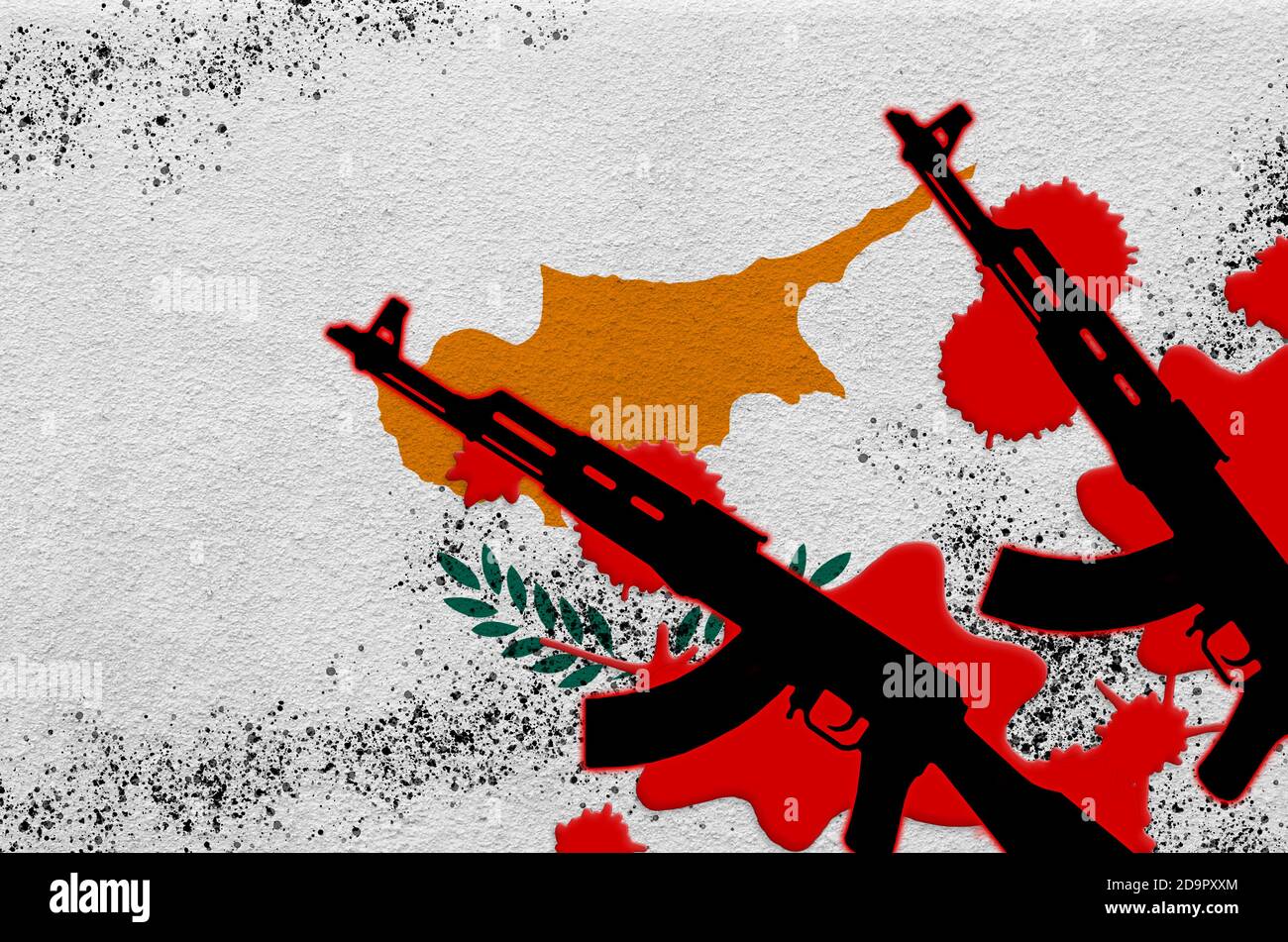 Cyprus flag and two black AK-47 rifles in red blood. Concept for terror ...