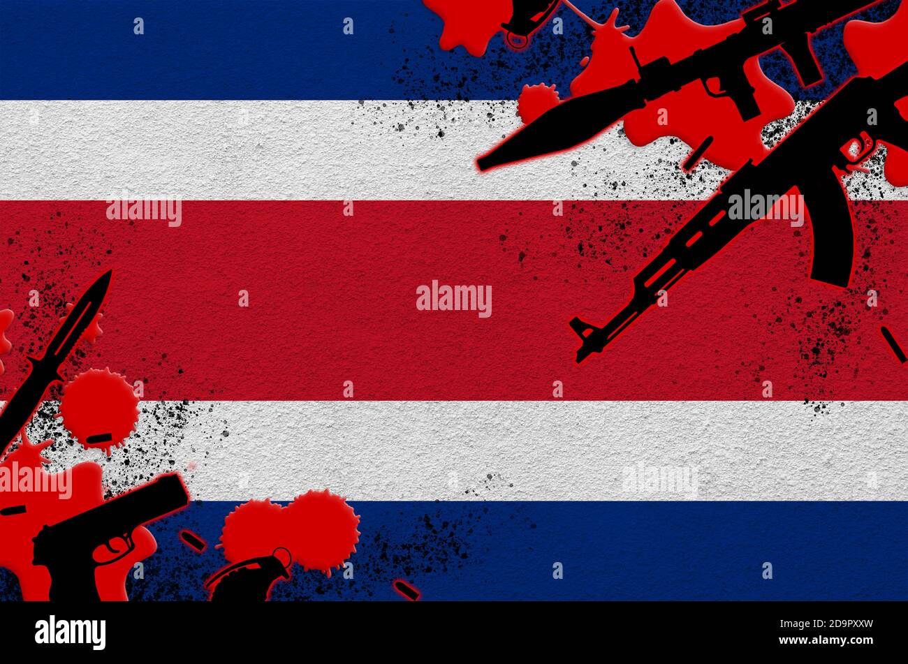 Costa Rica flag and various weapons in red blood. Concept for terror ...