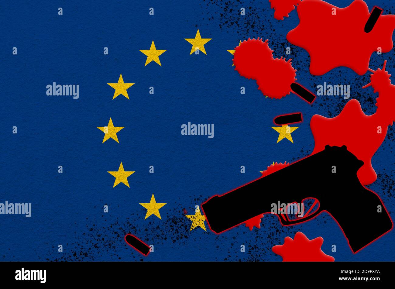 European union flag and black firearm in red blood. Concept for terror ...