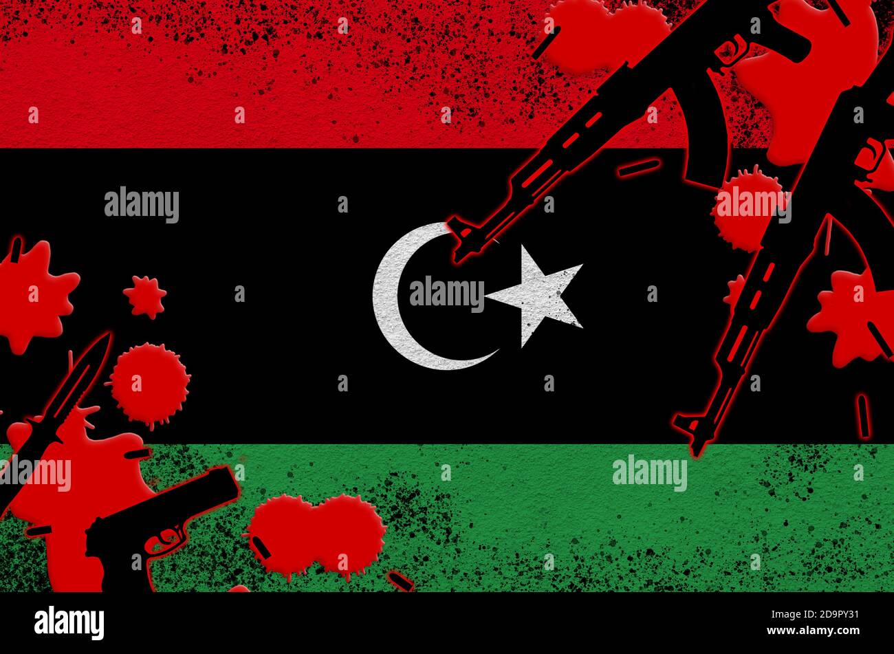 Libya flag and guns in red blood. Concept for terror attack and ...