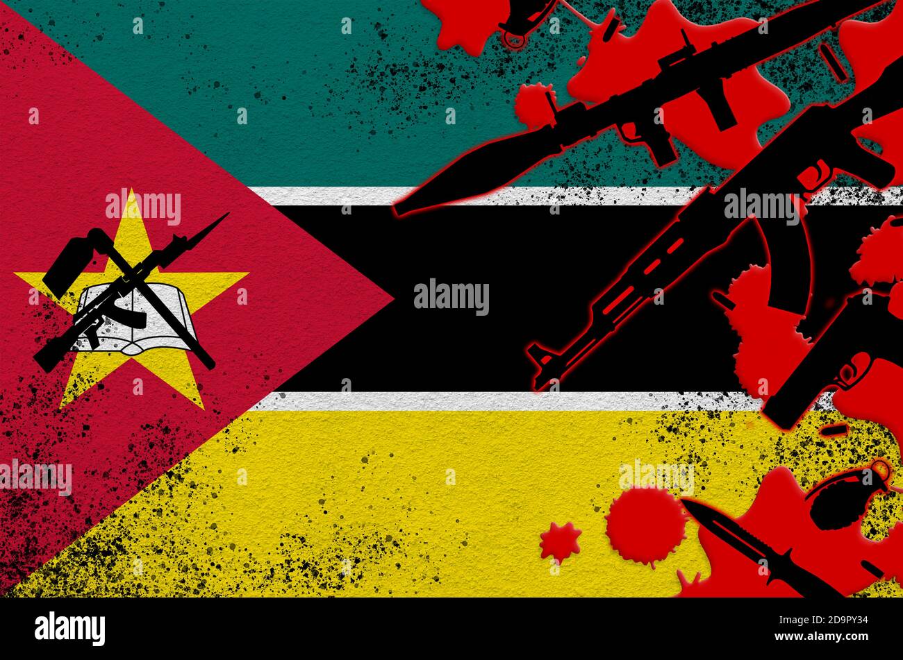 Mozambique flag and various weapons in red blood. Concept for terror ...