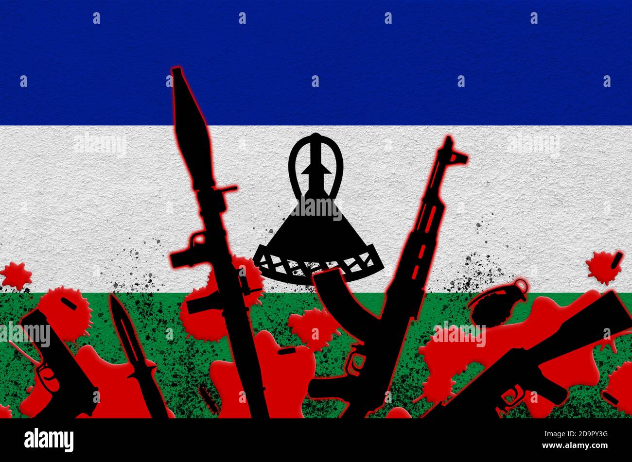 Lesotho flag and various weapons in red blood. Concept for terror ...