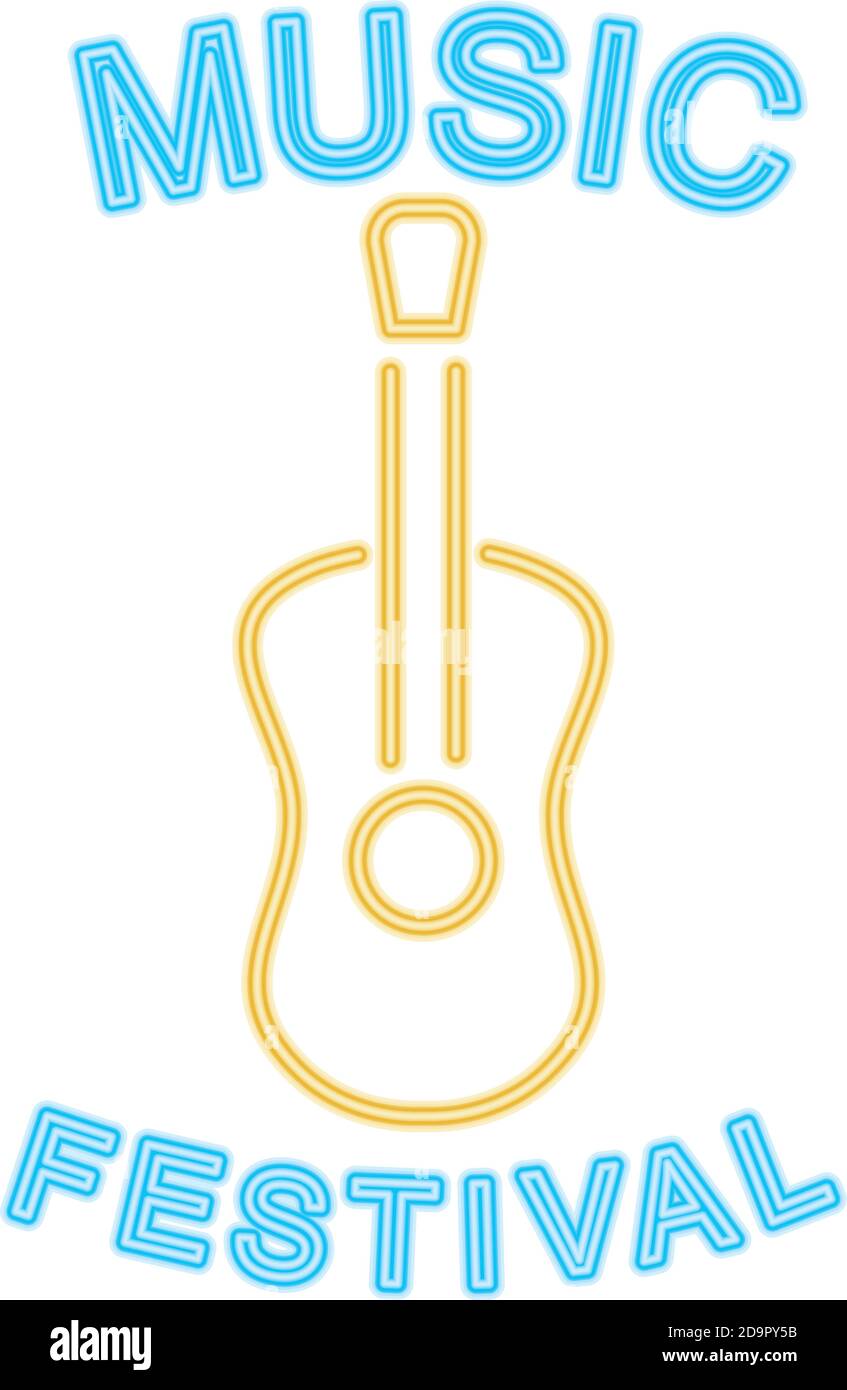 music festival neon sign with guitar icon over white background, vector ...