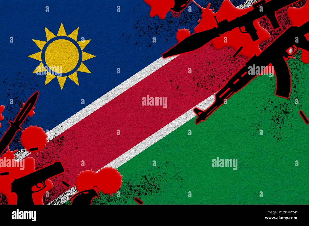 Namibia flag and various weapons in red blood. Concept for terror ...