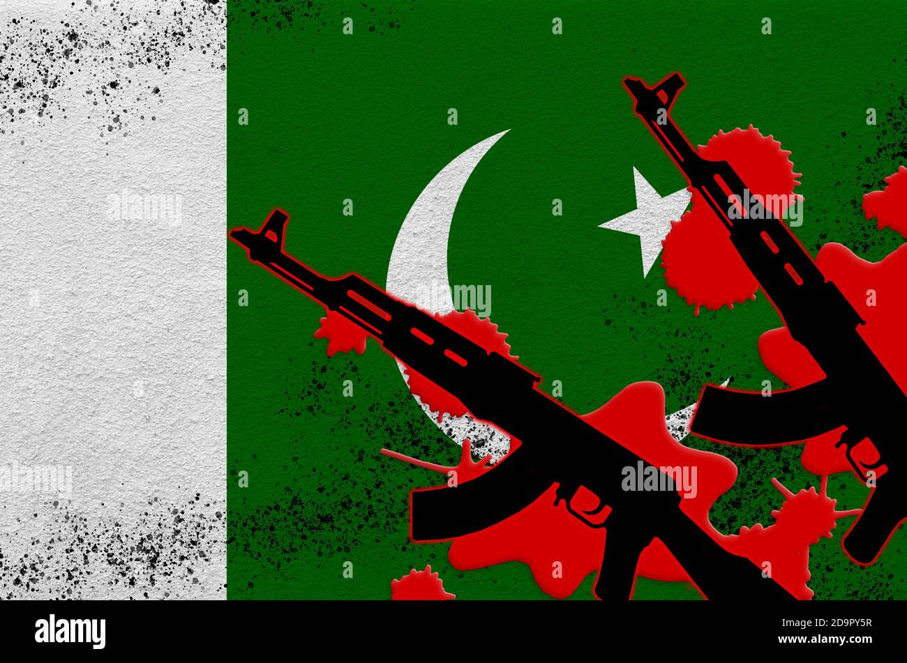 Pakistan flag and two black AK-47 rifles in red blood. Concept for ...