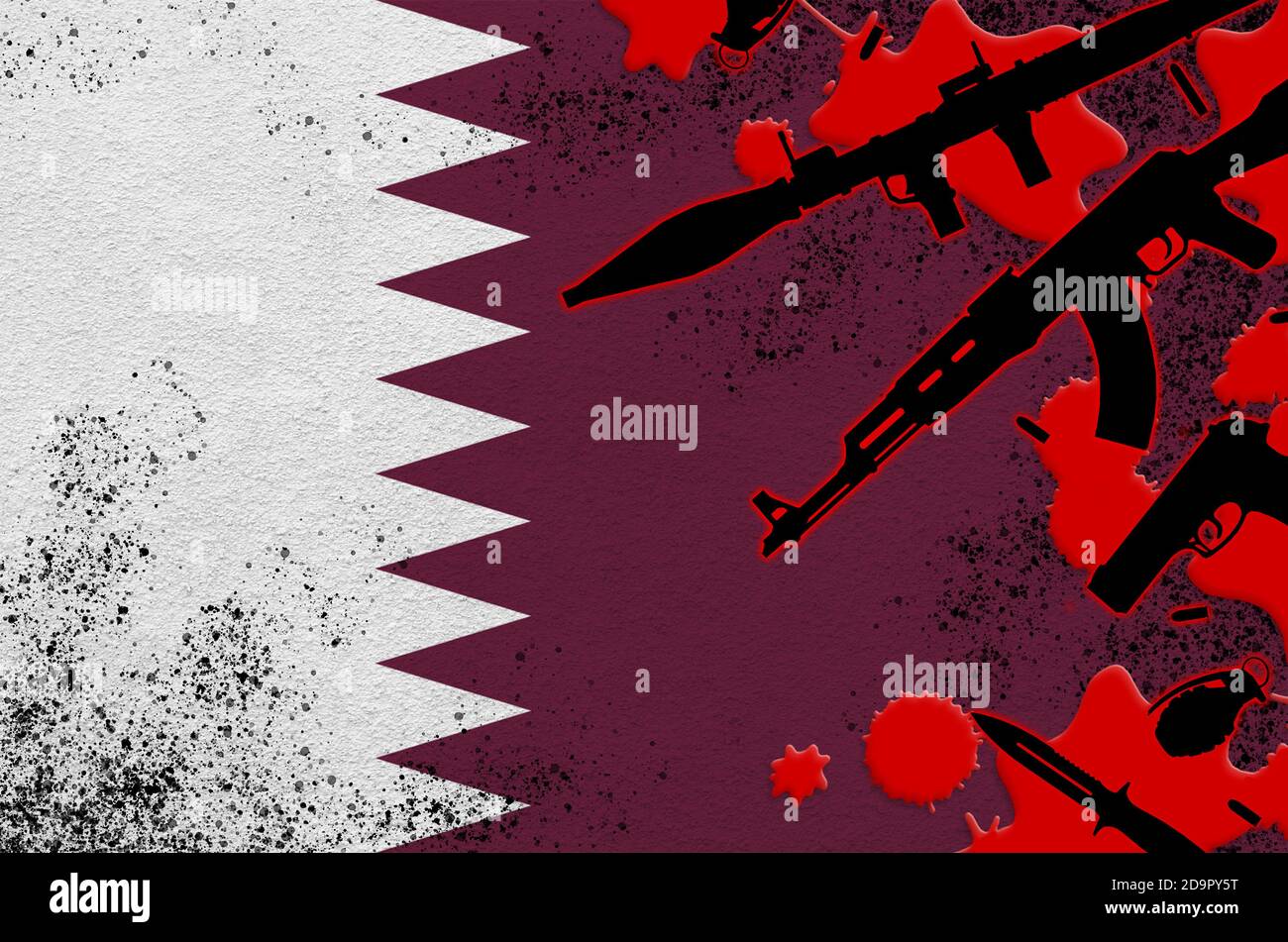 Qatar flag and various weapons in red blood. Concept for terror attack ...